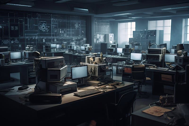 A Cyberpunk Office with Computers and Desks. Generative AI Stock ...