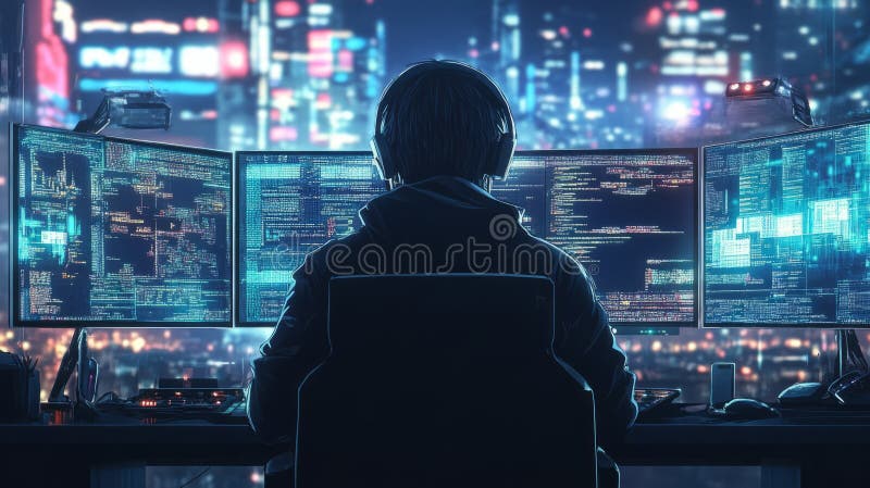 Cyberpunk Programmer Coding in a Dark Room with City Lights Reflecting ...