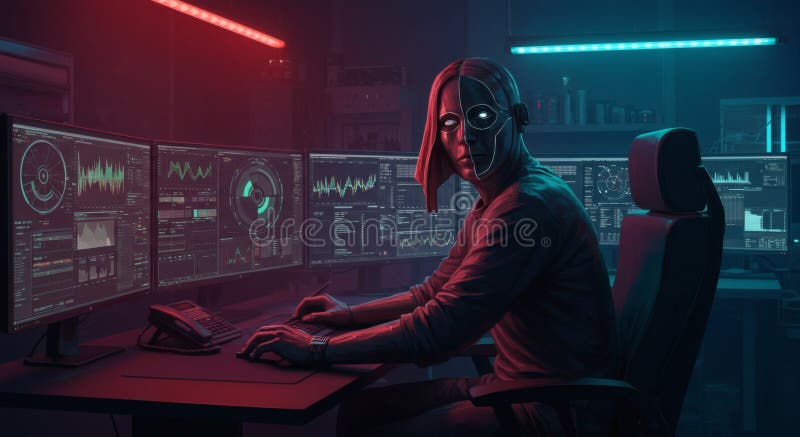 Cyberpunk Programmer Working at Desk with Multiple Monitors Showing Data Stock Illustration ...