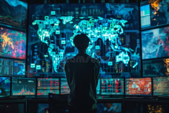 Cyberpunk Protagonist in Control Young Man with Digital Map, Data ...