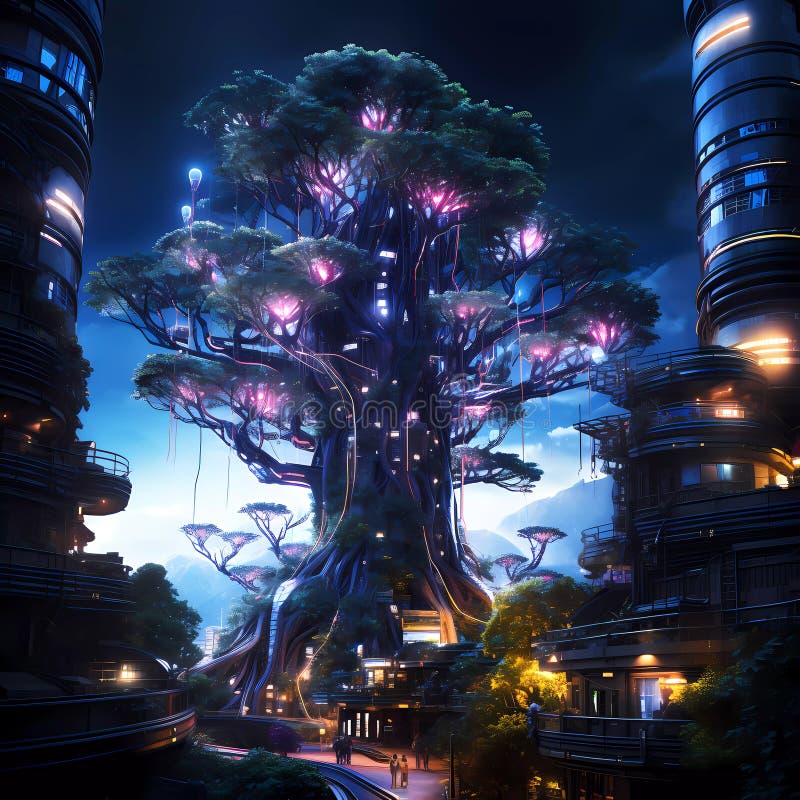 Cyberpunk Retro Futuristic Tree with Neon Lights Stock Illustration ...