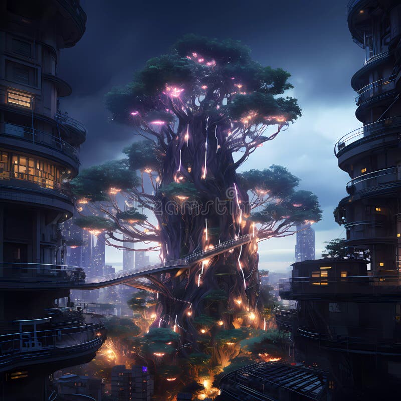 Cyberpunk Retro Futuristic Tree with Neon Lights Stock Image - Image of ...