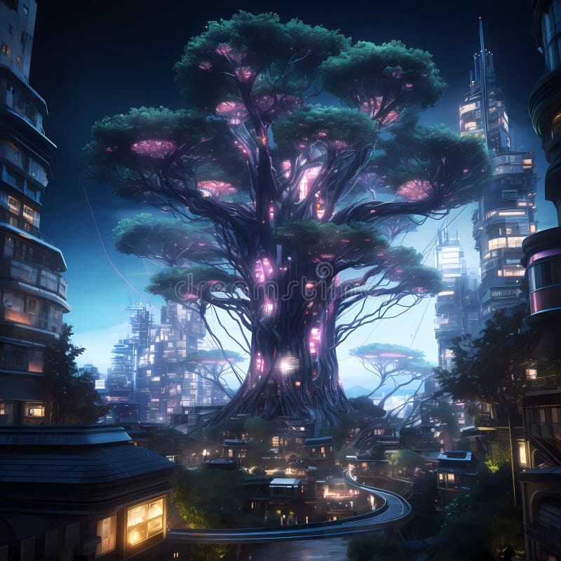 Cyberpunk Retro Futuristic Tree with Neon Lights Stock Illustration ...