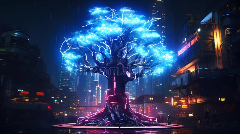 Cyberpunk Retro Futuristic Tree with Neon Lights Stock Photo - Image of ...