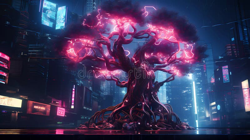 Cyberpunk Retro Futuristic Tree with Neon Lights Stock Illustration ...