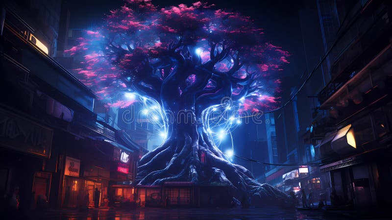Cyberpunk Retro Futuristic Tree with Neon Lights Stock Photo - Image of ...