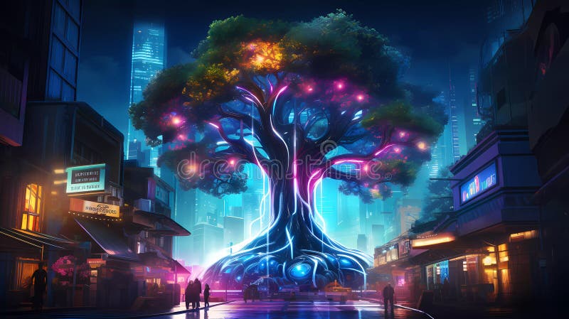 Cyberpunk Retro Futuristic Tree with Neon Lights Stock Photo - Image of ...