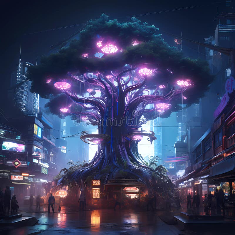 Cyberpunk Retro Futuristic Tree with Neon Lights Stock Illustration ...