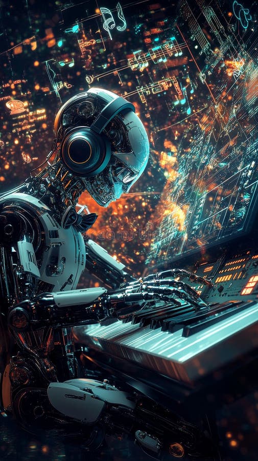 Cyberpunk Robot Composing Music on Futuristic Keyboard in Neon Setting ...