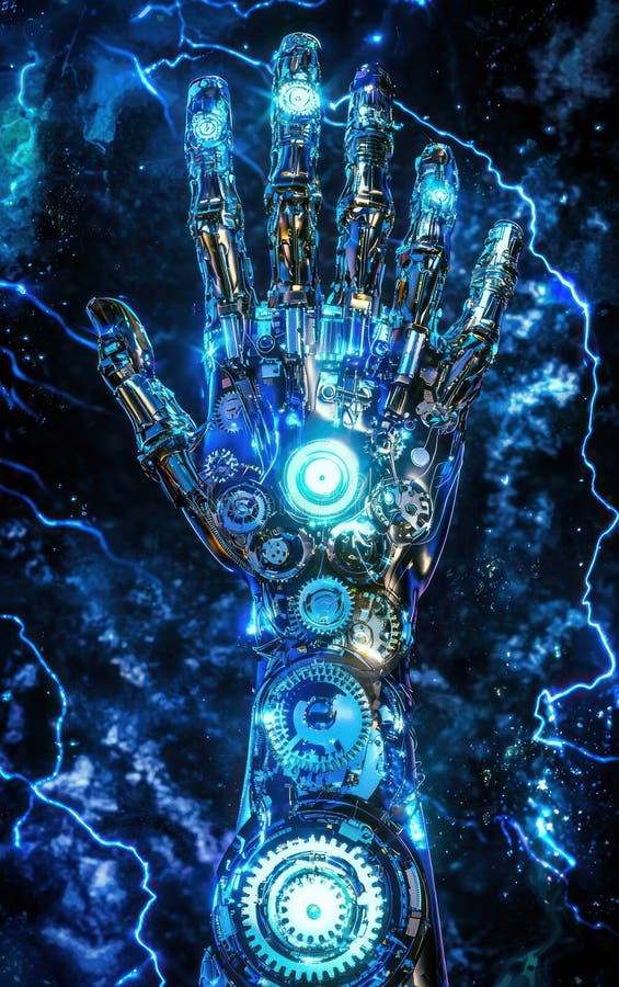 Cyberpunk Robotic Hand with Blue Lightning Effect Stock Illustration ...