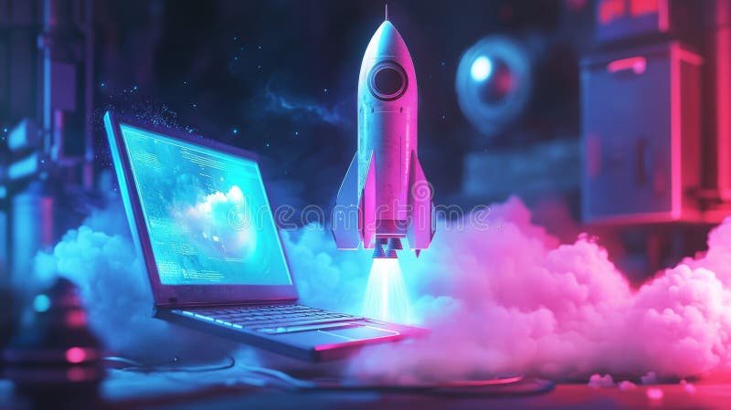 Cyberpunk Rocket Launch from Laptop Stock Illustration - Illustration ...
