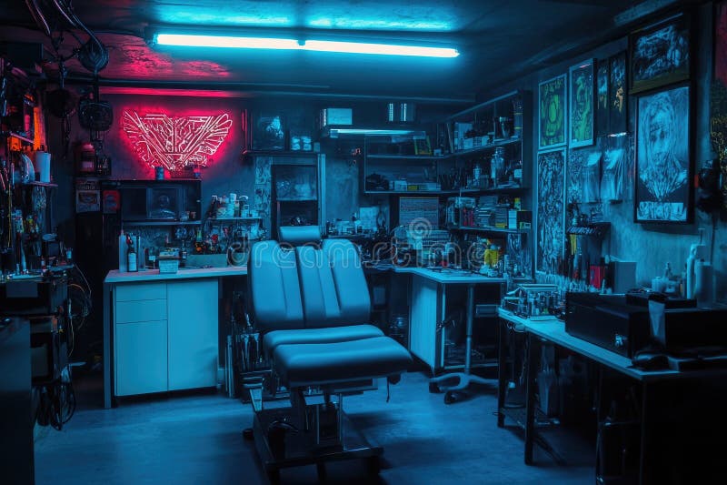 A Cyberpunk Room with Neon Lighting and Chair Stock Illustration ...