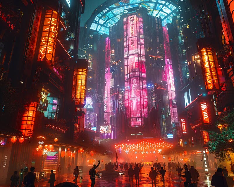A Cyberpunk Scene with People Celebrating Pride in a High-tech Urban ...