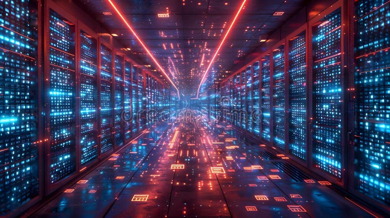 Cyberpunk Server Room 3D Illustration Stock Illustration - Illustration ...