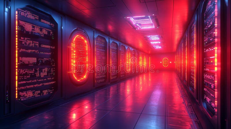 Cyberpunk Server Room with Glowing Red Lights and Technology Stock ...