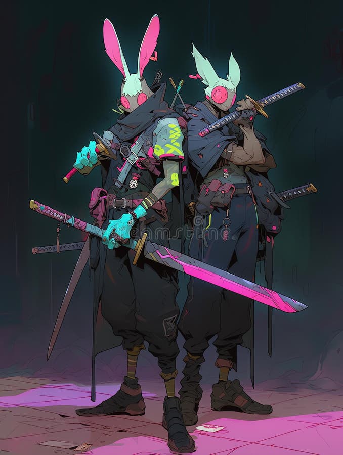 Cyberpunk Setting Two Anthropomorphic Rabbits Stand Backtoback Each ...