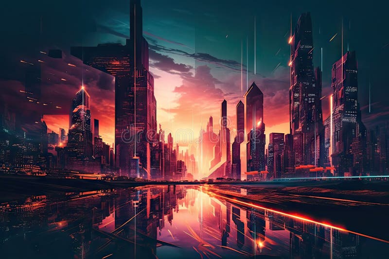 Cyberpunk Skyline Futuristic Cityscape Caught Sunset Created Stock ...