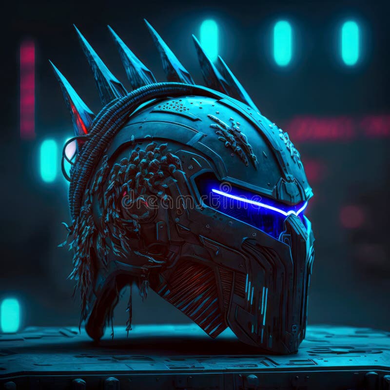 Cyberpunk Spiked Helmet with Neon Glowing Blue Laser Eyes Stock ...