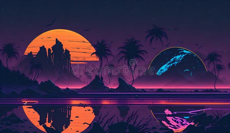 Cyberpunk Style Beach Neon Planets Sunset Pattern Stock Illustration ...