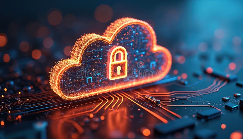 Cyberpunk Style Cloud Security Illustration. Secure Padlock on Digital ...