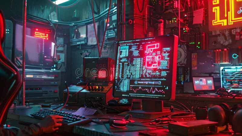 A Cyberpunk-style Computer Workstation Illuminated by Neon Lights in a ...