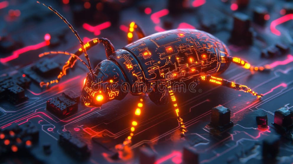 Cyberpunk Style Glowing Bug on Circuit Board Stock Illustration ...