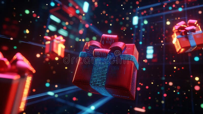 Cyberpunk Style Red Gift Boxes Floating in Neon High Quality Image ...