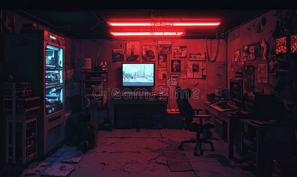 Cyberpunk-style Room with Neon Lights, Computers, and Cluttered Workspace Stock Illustration ...