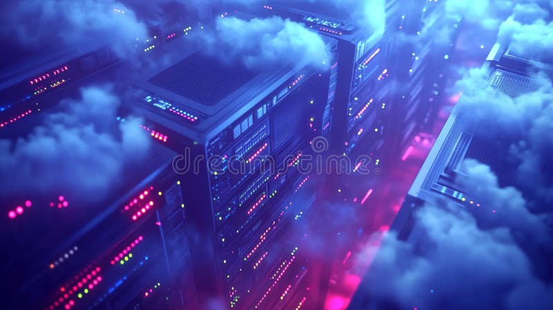 Cyberpunk Style Server Racks Digital Cloud Computing Network 3d Web Fog ...