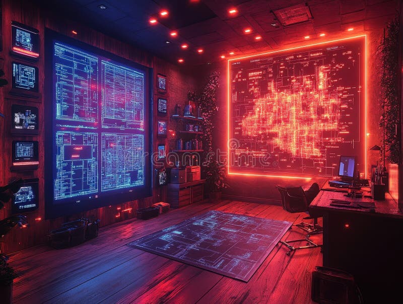 Cyberpunk Style Tech Room Design Stock Illustration - Illustration of ...