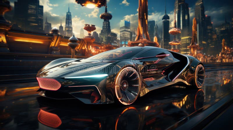 Cyberpunk Super Car in Science Fiction City Stock Illustration ...