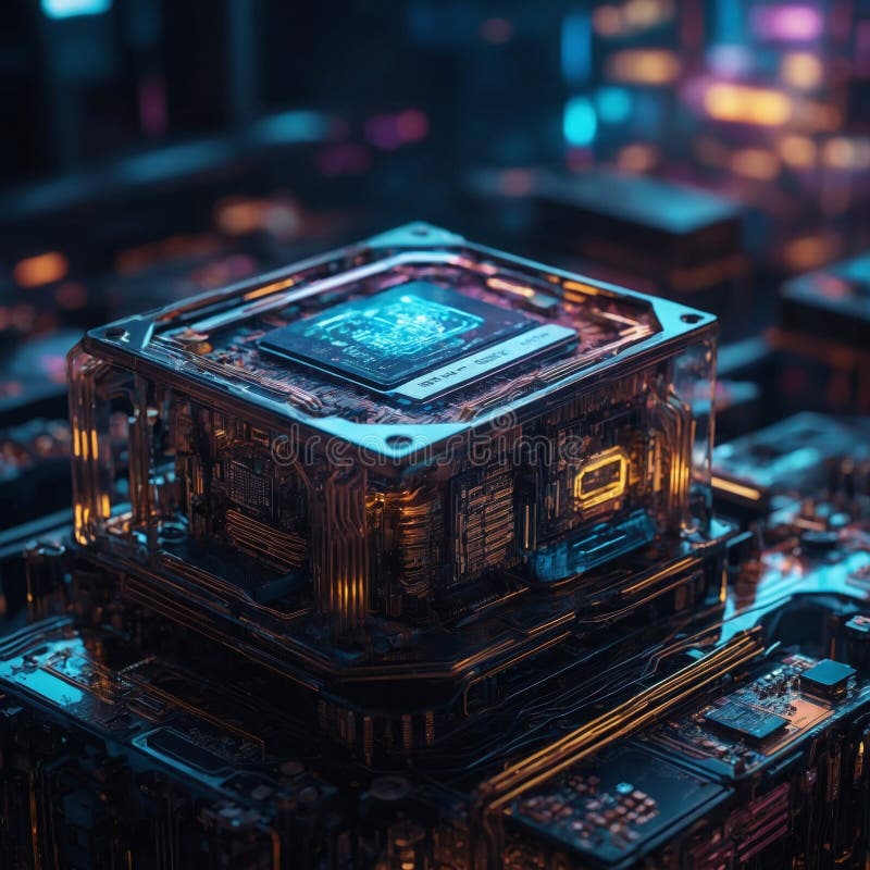 Cyberpunk Tech Landscape with GPU Chips & Neural Network Streams Stock ...