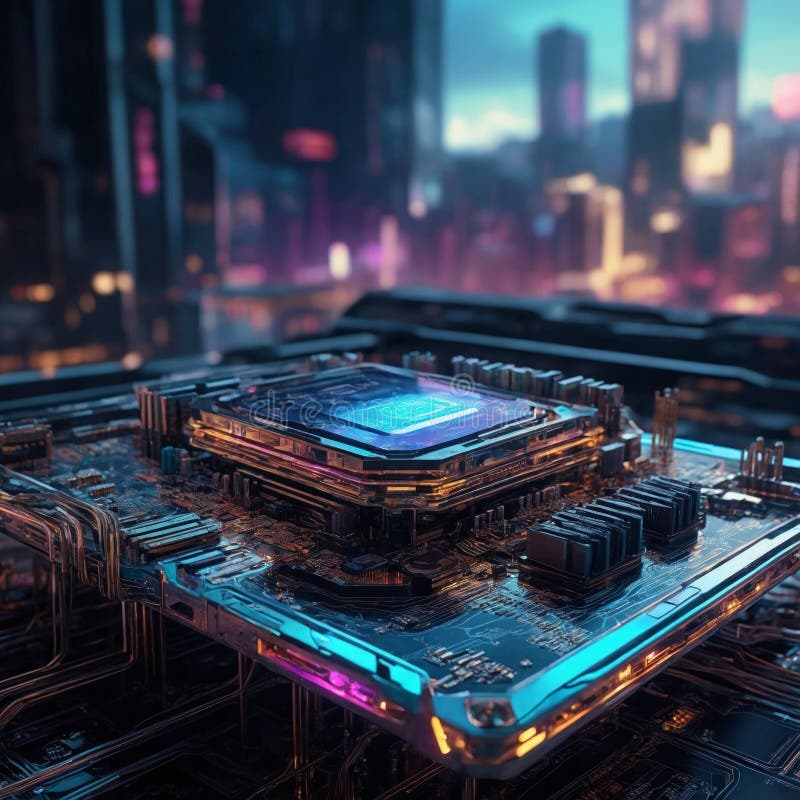 Cyberpunk Tech Landscape Gpu Chips Neural Network Streams Stock Photos ...