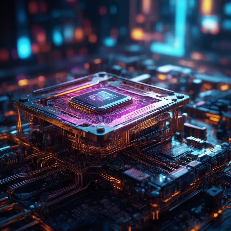 Cyberpunk Tech Landscape with GPU Chips & Neural Network Streams Stock ...
