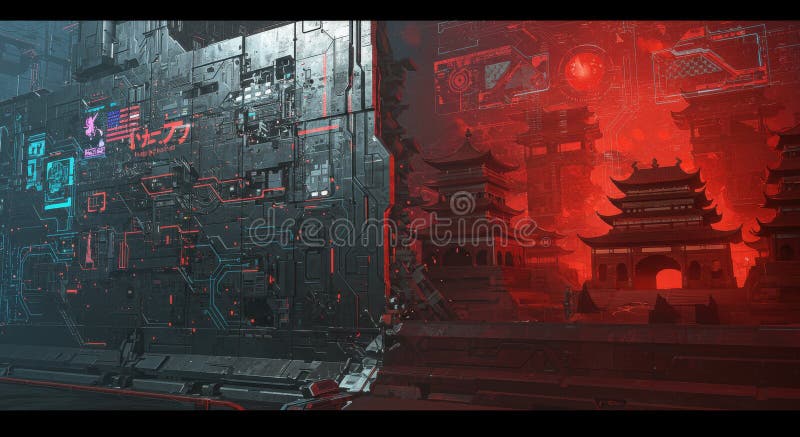 Cyberpunk Temple Clash stock illustration. Illustration of contrast ...