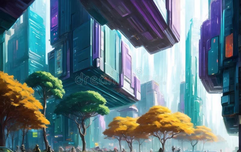 Sci-fi Fantasy City, Cyberpunk Buildings Illustration. Neon Colors ...
