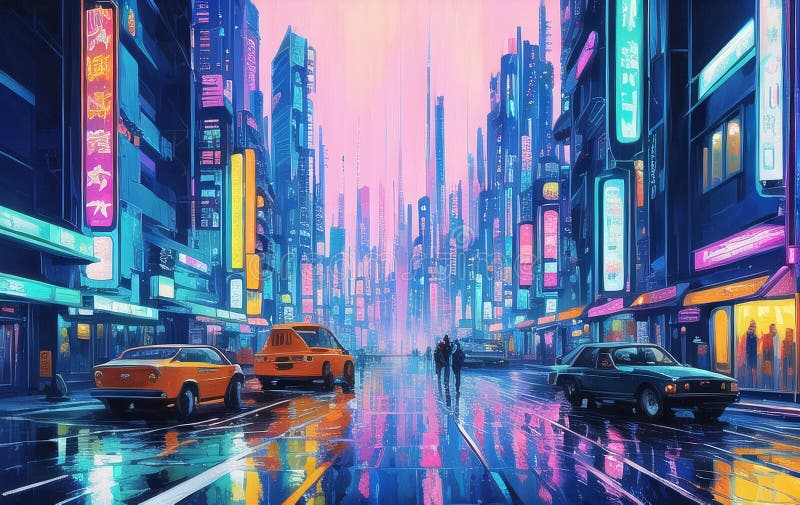 Nighttime Cyberpunk City Illustration. Neon Bright Lights Landscape ...