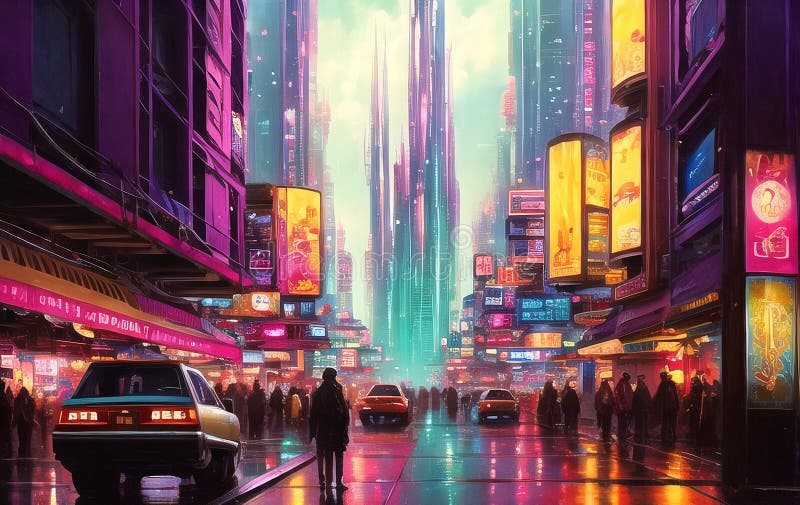 Sci-fi Fantasy City, Cyberpunk Buildings Illustration. Neon Colors ...