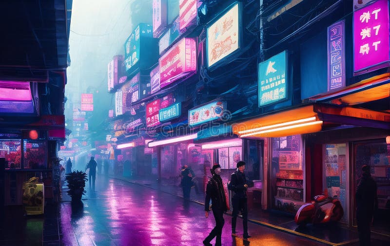 Sci-fi Fantasy City, Cyberpunk Buildings Illustration. Neon Colors ...
