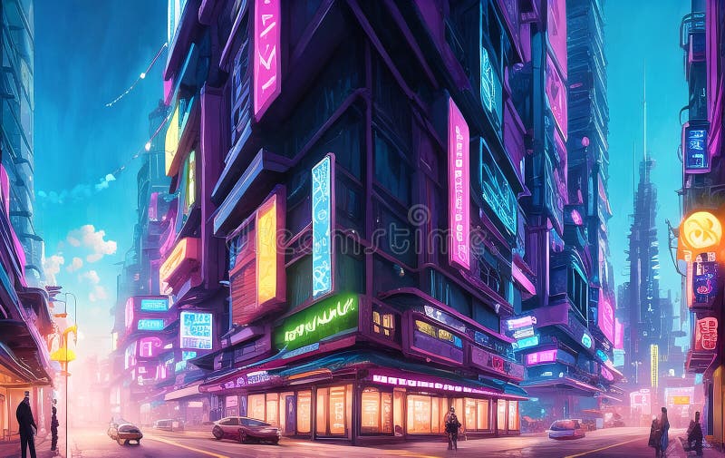 Sci-fi Fantasy City, Cyberpunk Buildings Illustration. Neon Colors ...