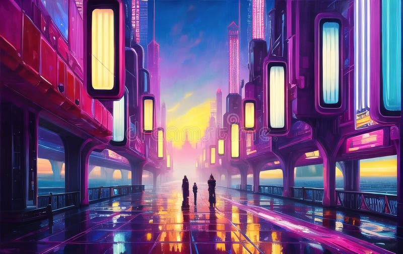 Sci-fi Fantasy City, Cyberpunk Buildings Illustration. Neon Colors ...