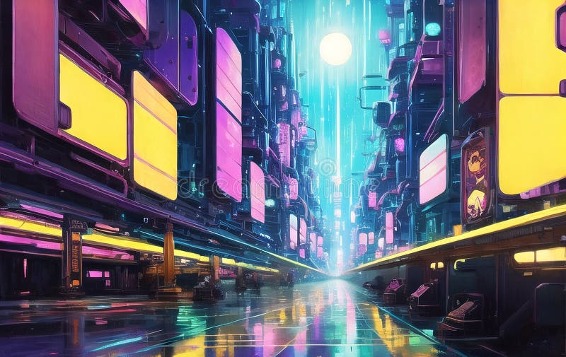 Sci-fi Fantasy City, Cyberpunk Buildings Illustration. Neon Colors ...