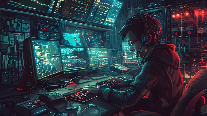 Cyberpunk Themed Illustration of a Boy Working on a Computer Stock ...