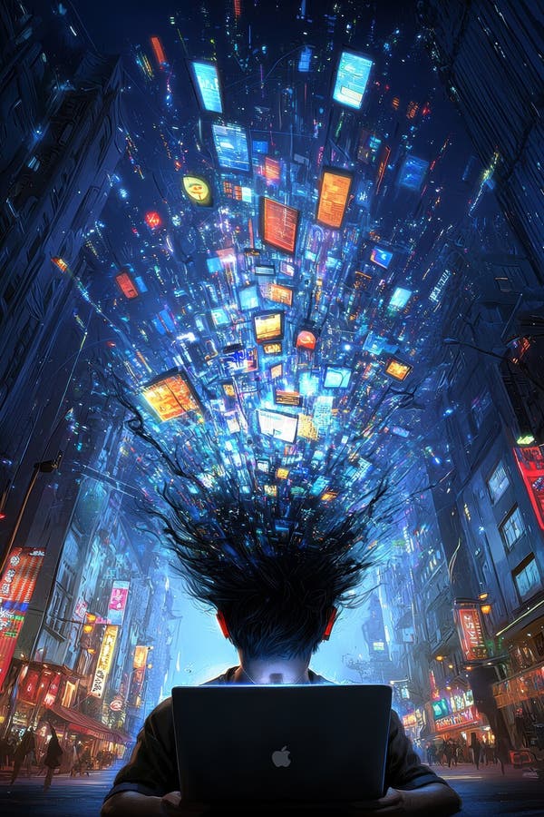 Cyberpunk Themed Scene Depicting Individual Immersed Technology, with ...