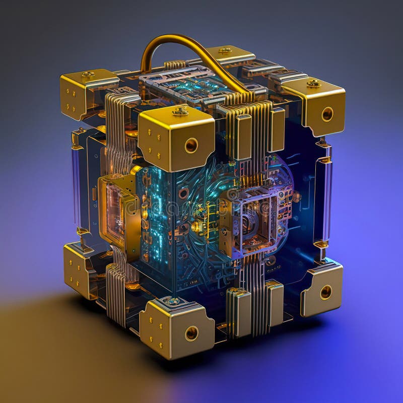 Cyberpunk Translucent Cube Shaped Quantum Processor with Vibrant Colors ...