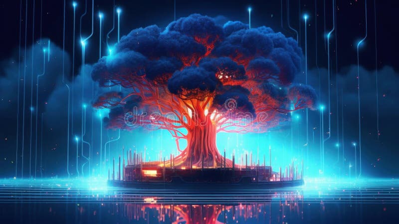 Cyberpunk Tree with Neon Lights Stock Illustration - Illustration of ...