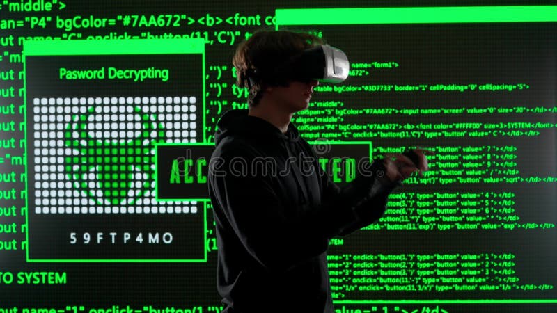 Person Against Big Digital Wall in Studio. Man Hacker in Vr Glasses ...