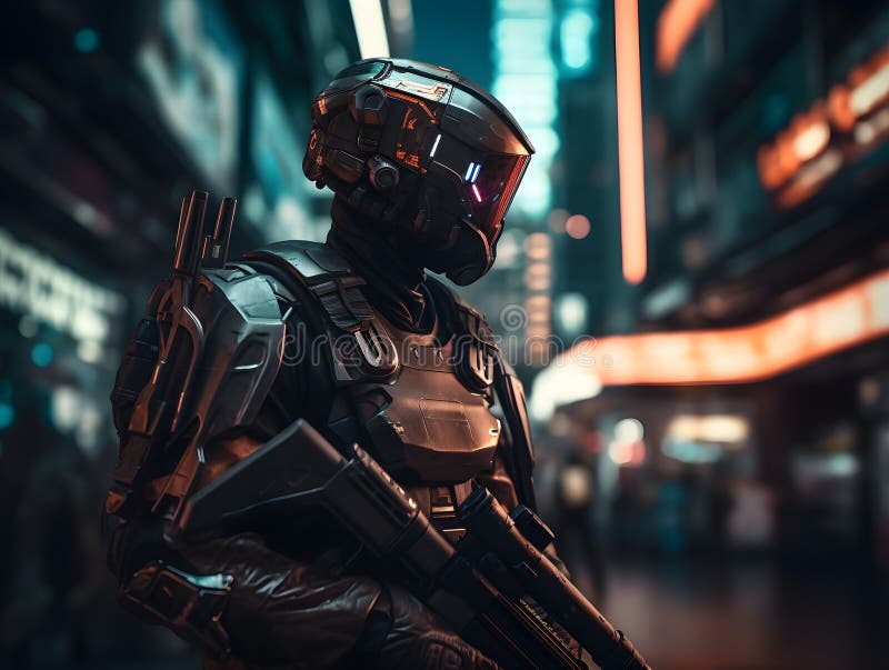 Cyberpunk Warrior in a Night City, AI-generated. Stock Illustration ...
