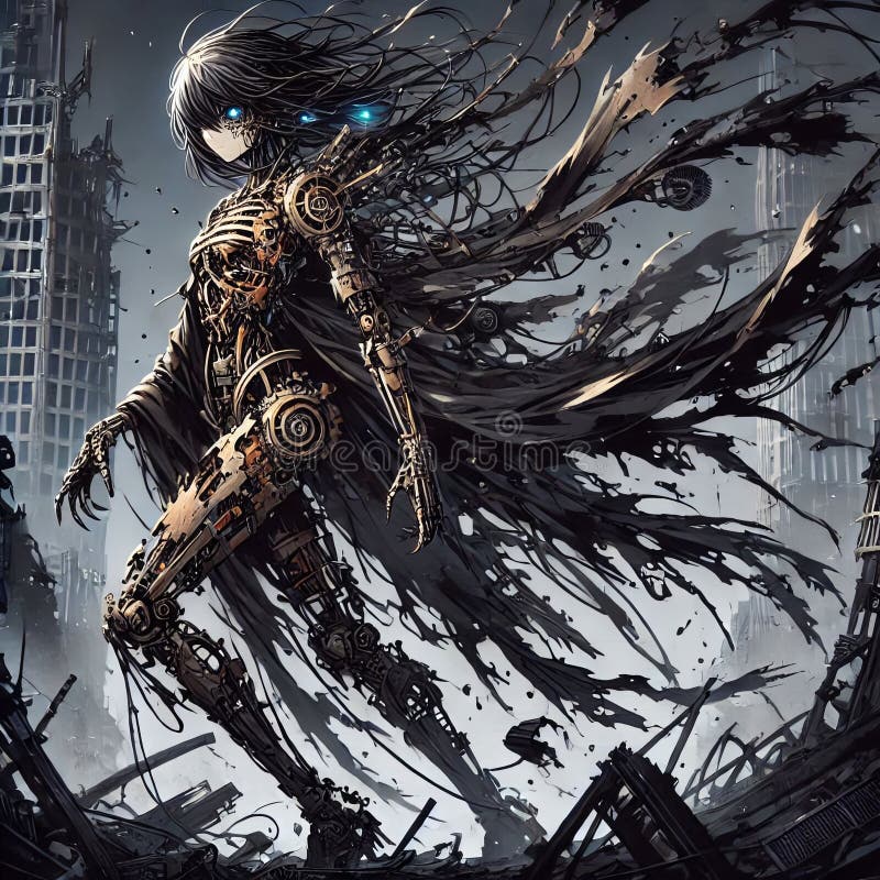 Cyberpunk Warrior in Post-Apocalyptic Ruins Stock Illustration ...