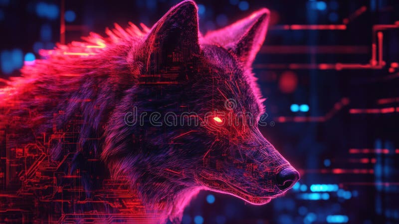 Cyberpunk Wolf Digital Art Red Pink Neon Glowing Lines Stock ...